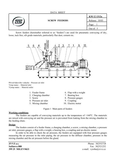DATA SHEET KM 12 1312a SCREW FEEDERS Release ... - ZVVZ a.s.