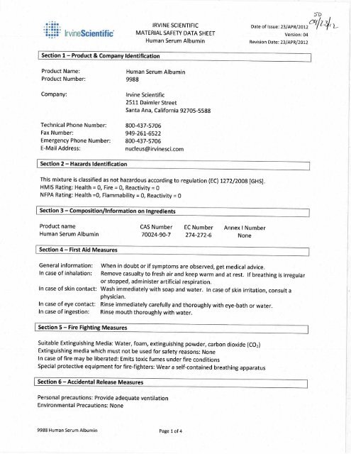 MSDS | Human Serum Albumin - Irvine Scientific