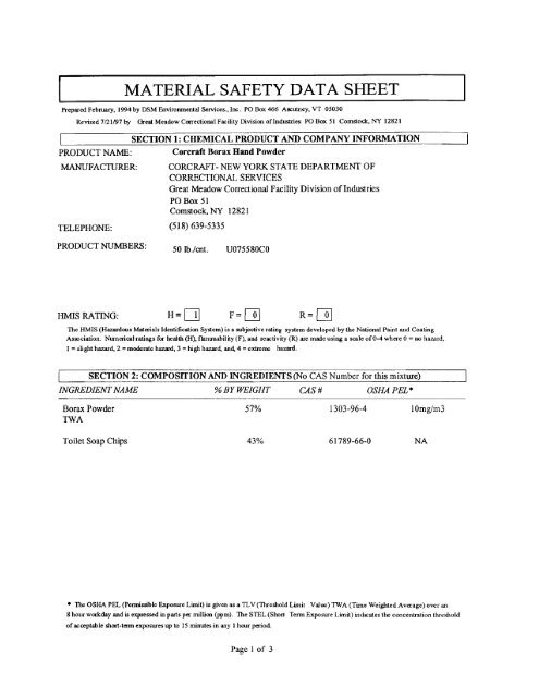Borax Hand Powder MSDS Sheet - Corcraft