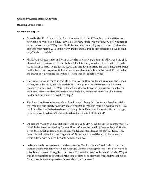 Chains by Laurie Halse Anderson Reading Group Guide Discussion ...