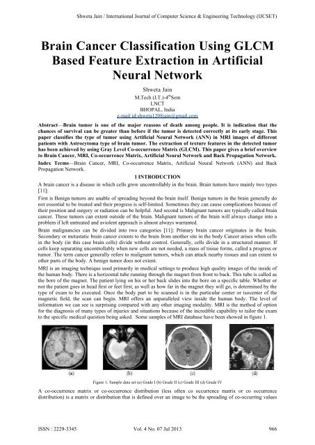 Brain Cancer Classification Using GLCM Based Feature ... - IJCSET