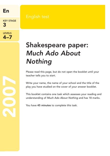 Shakespeare paper: Much Ado About Nothing - Test Papers