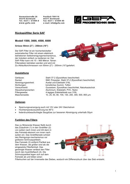 Rückspülfilter Serie SAF Modell 1500, 3000, 4500, 6000