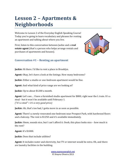 Lesson 2 – Apartments & Neighborhoods