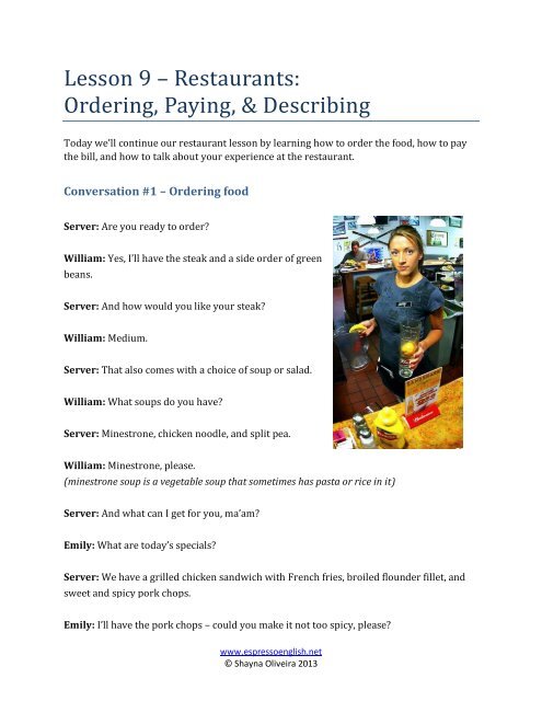 Lesson 9 – Restaurants: Ordering, Paying, & Describing