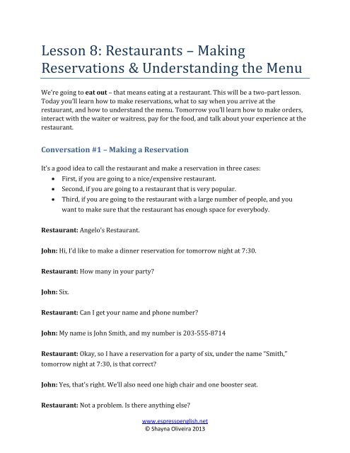 Lesson 8: Restaurants – Making Reservations & Understanding the Menu