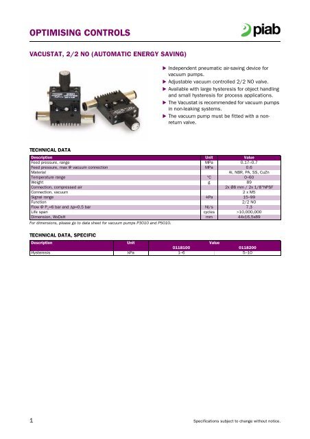 Piab Vacustat, 2/2 NO (automatic energy saving) data sheet