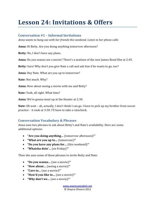 Lesson 24: Invitations & Offers
