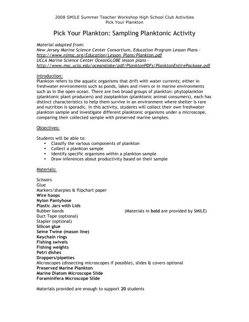 Pick Your Plankton: Sampling Planktonic Activity - CIOSS