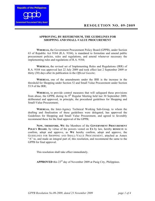 GPPB Resolution No.09-2009, dated 23 November