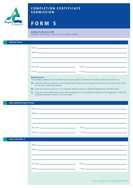Form 5 - Completion Certificate - Angus Council