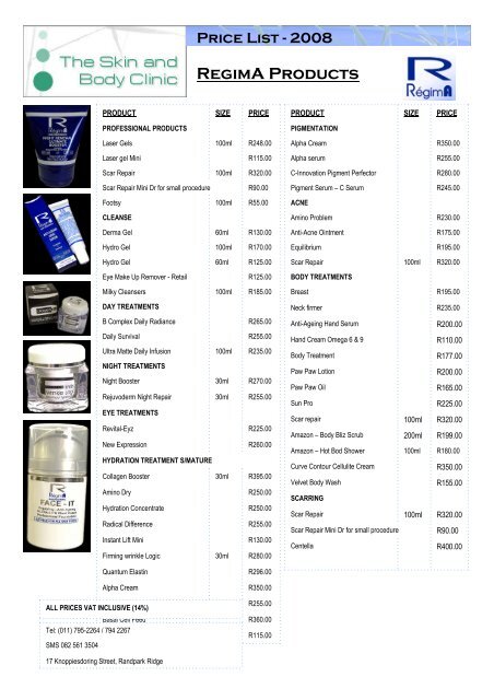 Price List-2008 RegimA Products - The Skin and Body Clinic