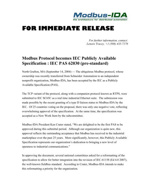 IEC PAS 62030 - The Modbus Organization