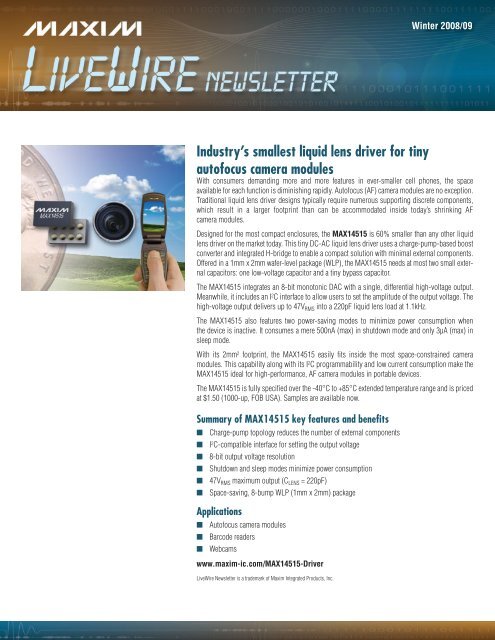 Industry's smallest liquid lens driver for tiny autofocus ... - Maxim