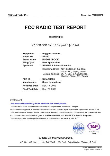 FCC RADIO TEST REPORT - Samwell Group-RUGGEDBOOK