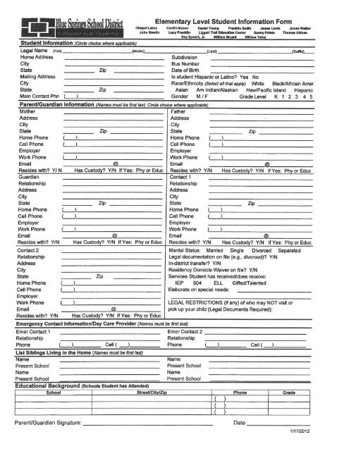 Elementary Level Student Information Form - Bssd.net