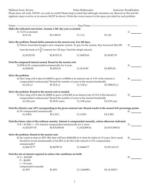 Midterm Exam Review Finite Mathematics Instructor: RezaKhadem ...
