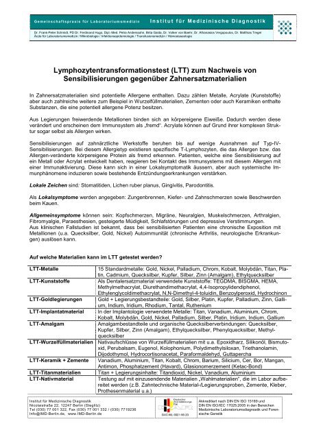 Lymphozytentransformationstest (LTT) zum Nachweis von ...