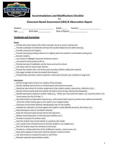 Accommodations and Modifications Checklist Classroom Based ...