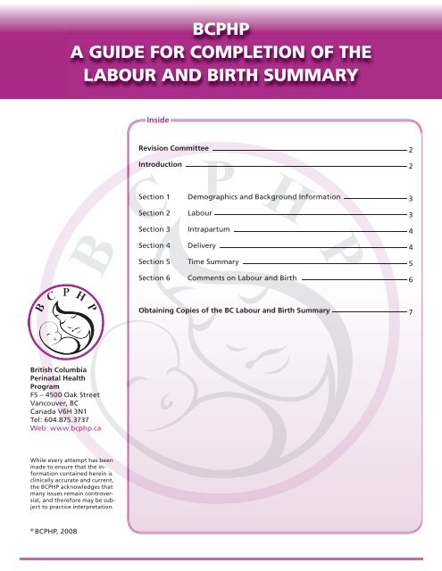 bcphp a guide for completion of the labour and birth summary