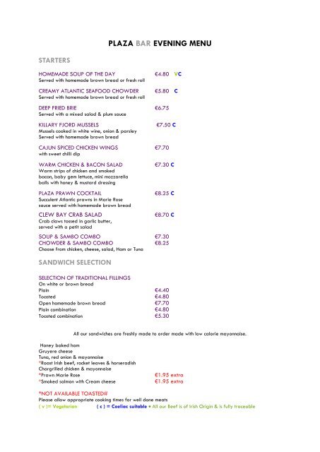 Sample Evening Menu - Westport Plaza Hotel