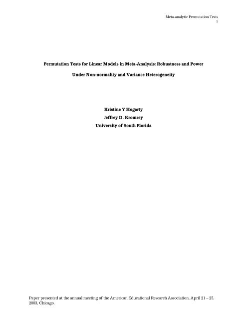 Permutation Tests For Linear Models In Meta Analysis University Of
