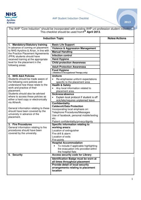 Induction checklist - NHS Ayrshire and Arran.