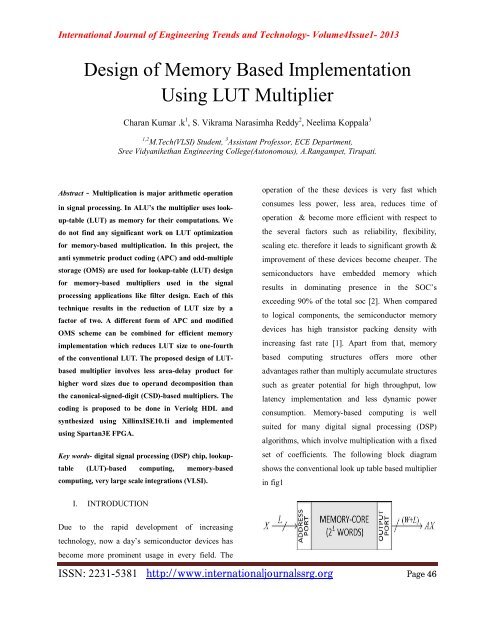 Design Of Memory Based Implementation Using Lut Multiplier