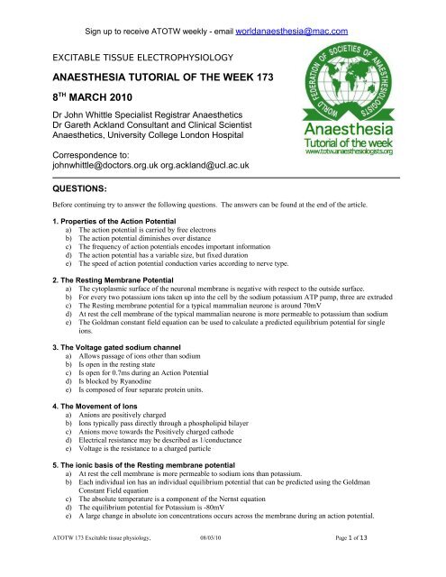 Excitable tissue physiology - Anaesthesia Tutorial of the Week