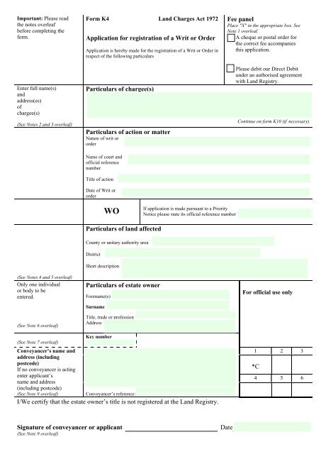 Form K4 - Land Registry