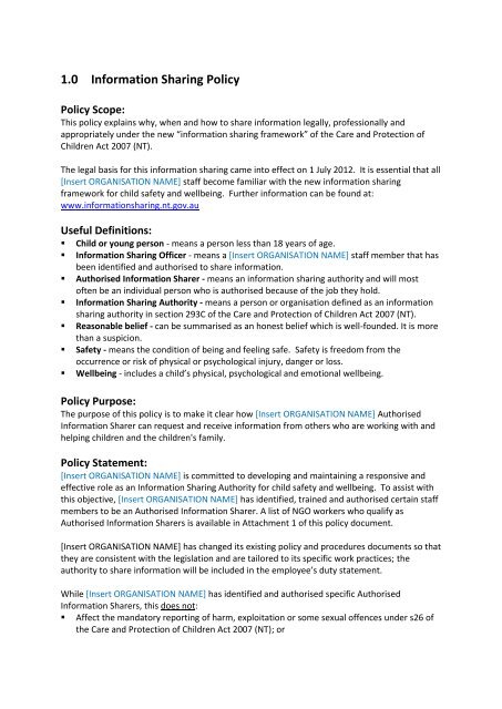 1.0 Information Sharing Policy - Northern Territory Council of Social ...