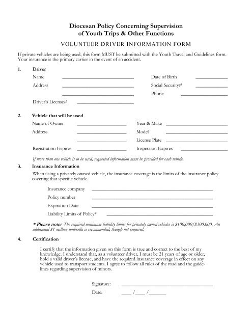 VOLUNTEER DRIVER INFORMATION FORM