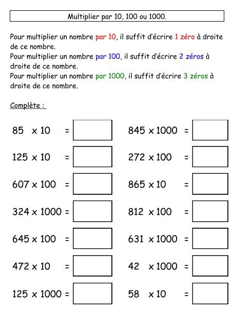 Multiplier par 10, 100 ou 1000 Multiplier par 10, 100 ou 1000
