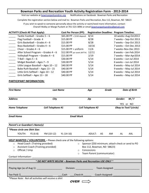 view PDF - Bowman Parks and Recreation Youth Registration Form ...