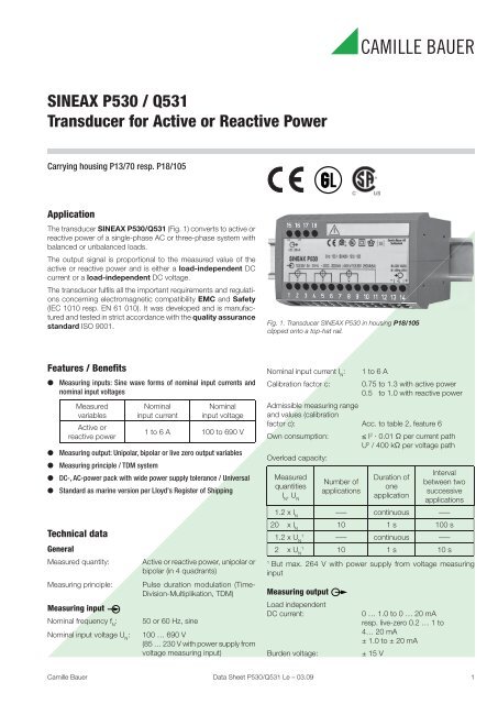 SINEAX P530 / Q531 Transducer for Active or ... - Gossen-Metrawatt