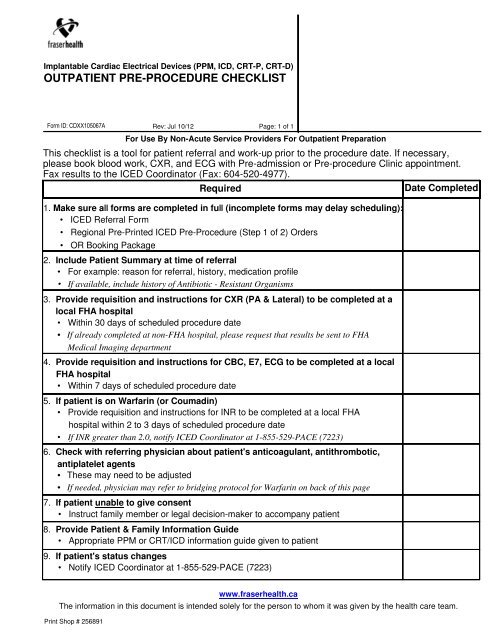 OUTPATIENT PRE-PROCEDURE CHECKLIST - Physician