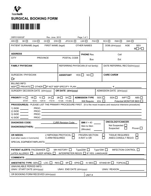 SURGICAL BOOKING FORM Dr - Physician