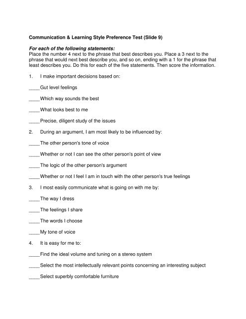 Communication & Learning Style Preference Test (Slide 9) For each ...