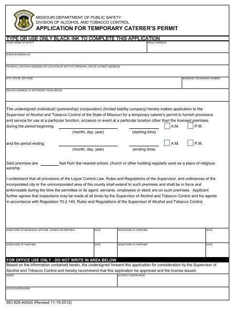 application for temporary caterer's permit - Missouri Division of ...