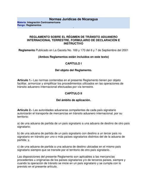 Reglamento sobre el RÃ©gimen de TrÃ¡nsito Aduanero ... - VERTIC