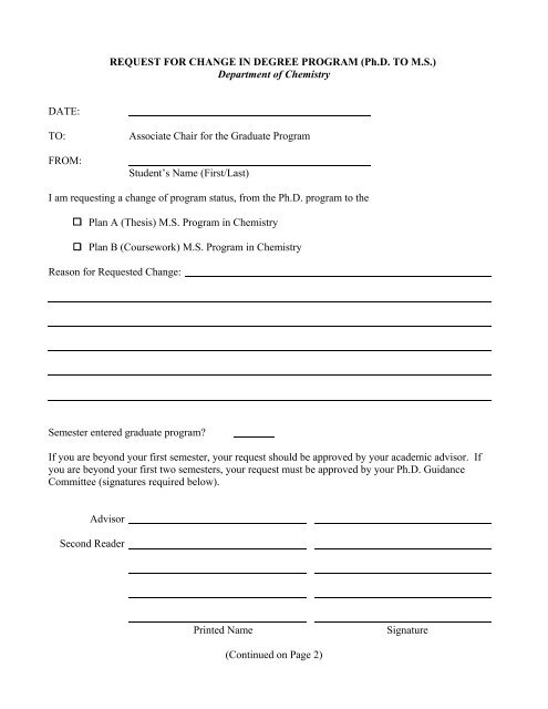 Request of Change of Program Status - Department of Chemistry