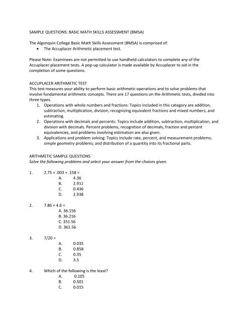 SAMPLE QUESTIONS - Algonquin College