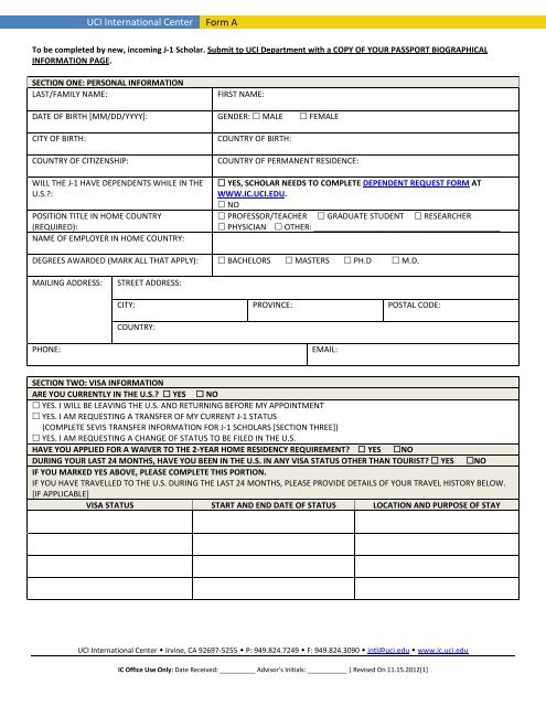 UCI International Center Form A