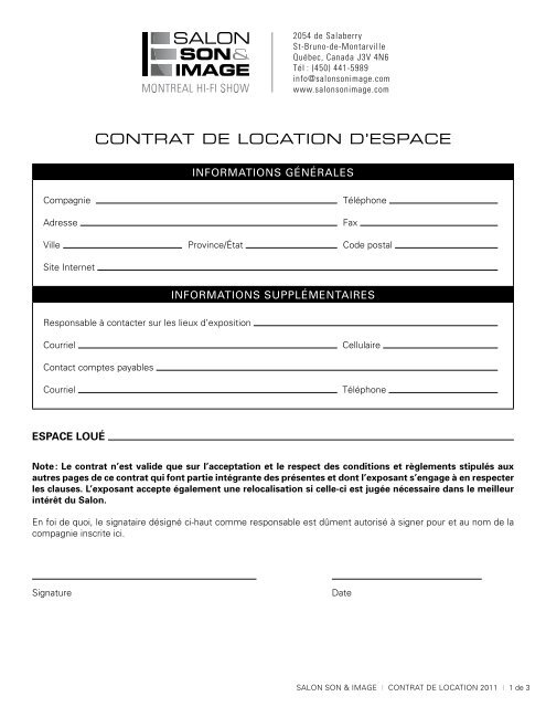 CONTRAT DE LOCATION D'ESPACE - Salon Son & Image