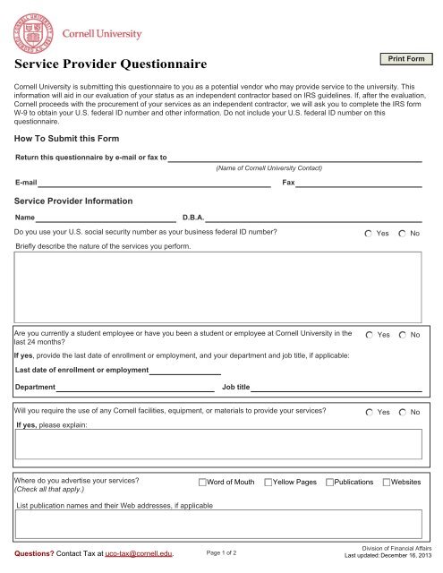 Service Provider Questionnaire - DFA Home - Cornell University