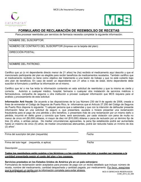 formulario de reclamación de reembolso de recetas - MCS a