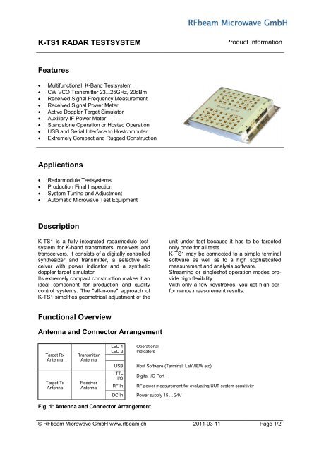 K-TS1 RADAR TESTSYSTEM Features Applications ... - RFbeam