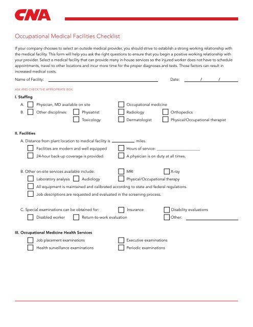 Occupational Medical Facilities Checklist - CNA