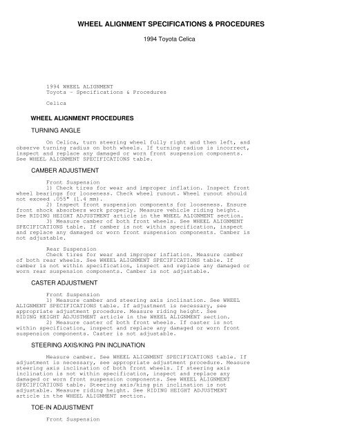 Wheel Alignment Specs and Procedures - CelicaTech