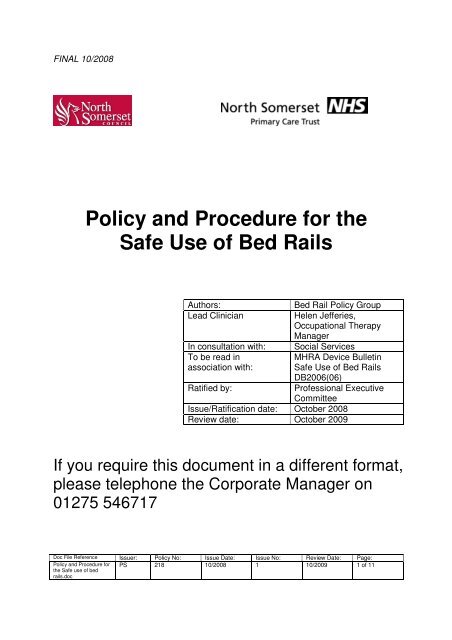 Policy and Procedure for the Safe use of bed rails.pdf - NHS North ...